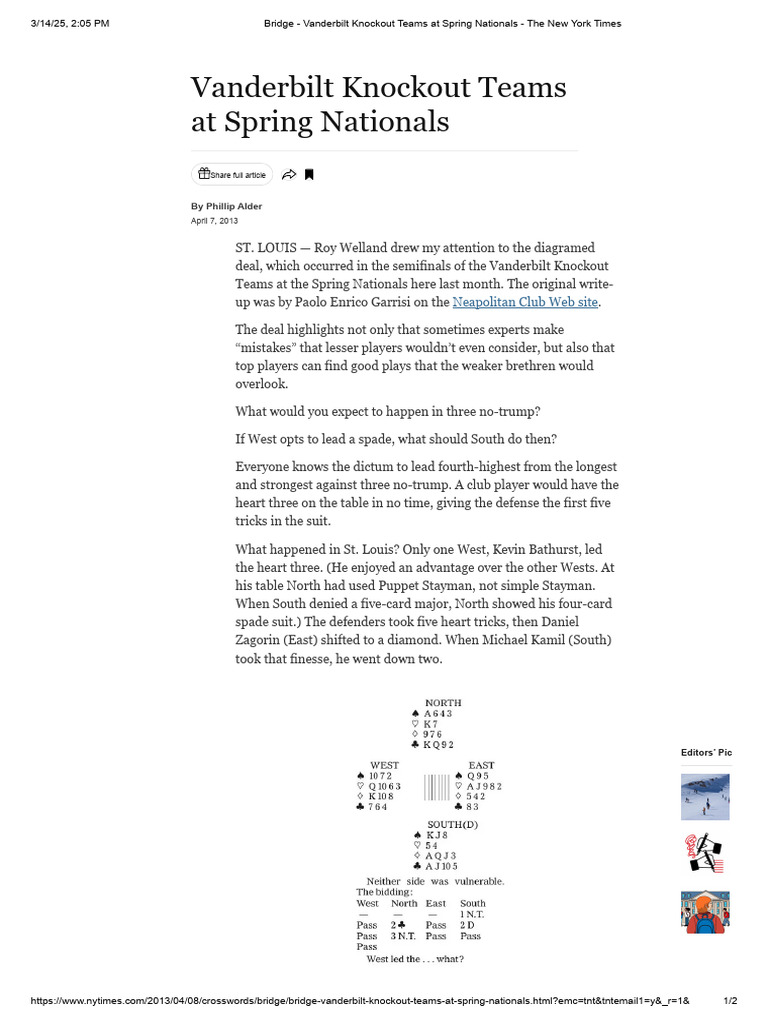 Bridge Strategies at Vanderbilt Semifinals | PDF | Games Of Mental ...