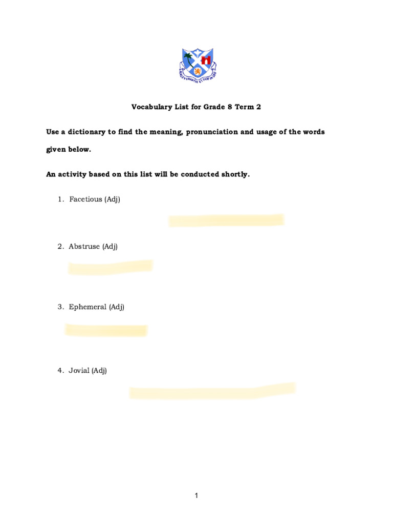 Vocabulary List For Grade 8 Term 2-1 | PDF | Linguistics