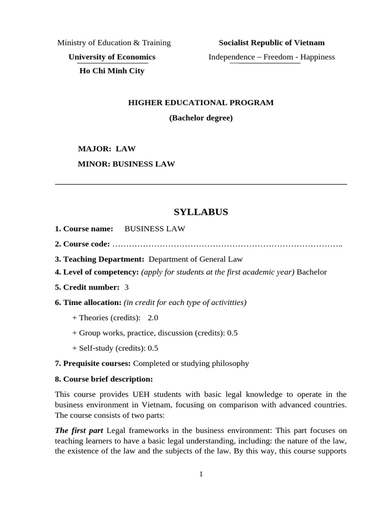 Business Law Syllabus for Bachelor Degree | PDF | Breach Of Contract ...