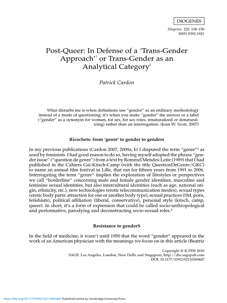 Post Queer in Defense of A Trans Gender Approach or Trans Gender As An ...