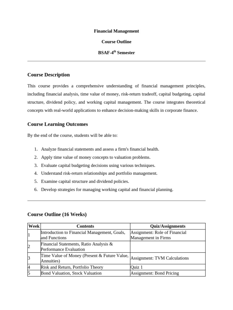 Financial Management Course Outline | PDF | Capital Budgeting | Investing