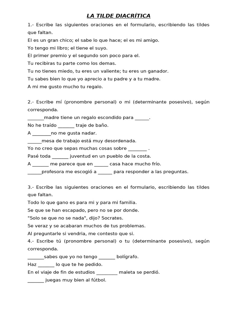 Tilde Diacrítica (Ejercicios) | PDF | Lingüística | Unidades Semánticas