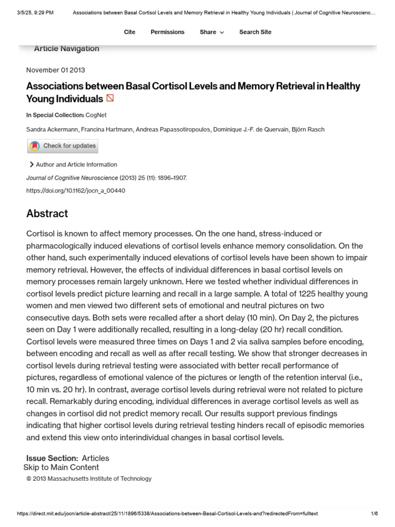 Cortisol_Levels___Memory_Retrieval_Supplementary_Reading | PDF | Memory ...