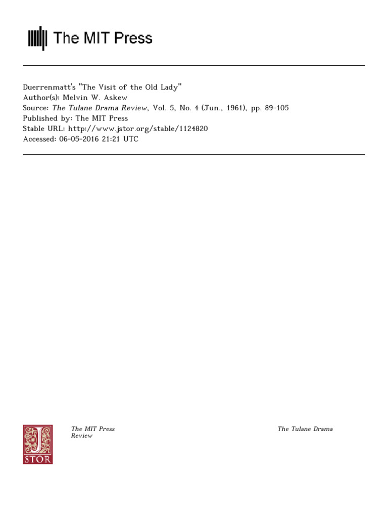 Melvin W. Askew：《Durrenmatt's "The Visit of the Old Lady"》 | PDF ...