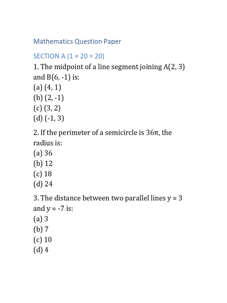 Mathematics Question Paper | PDF | Circle | Area