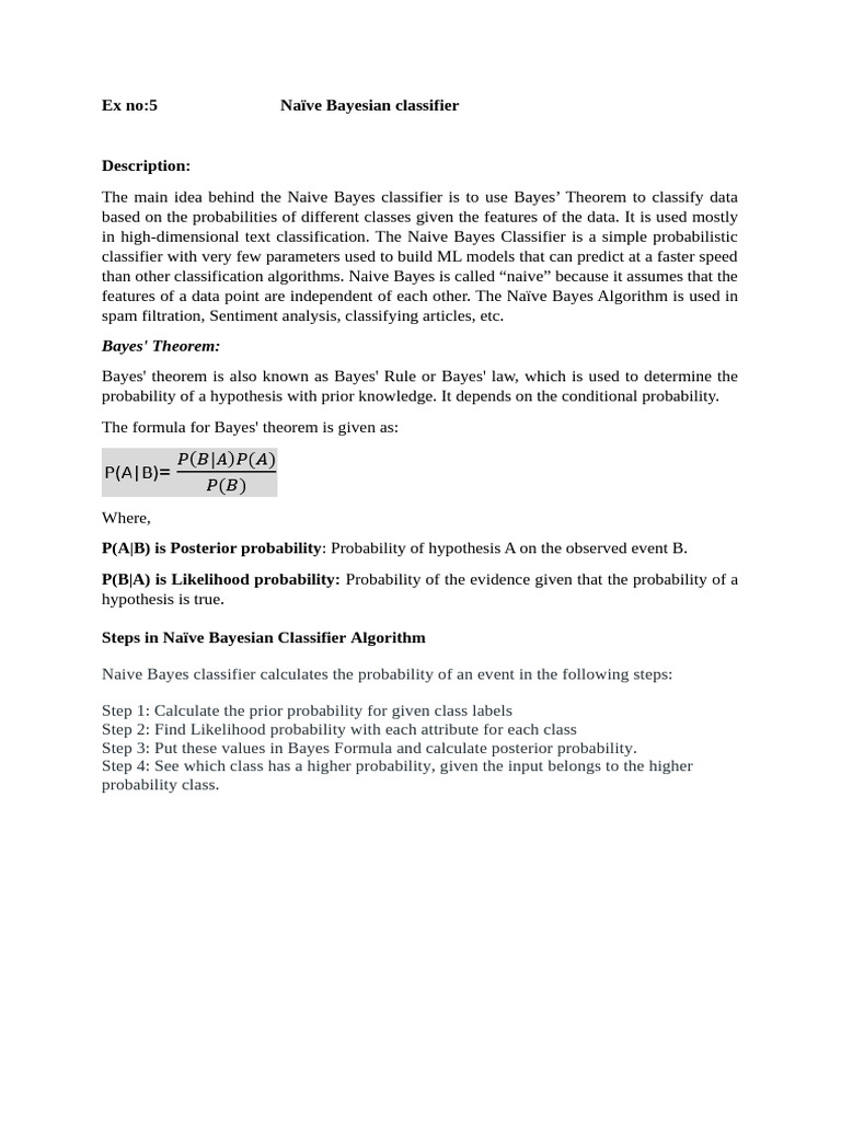 Ex - No.5 - Naïve Bayesian Classifier | PDF | Statistical Classification | Applied Mathematics