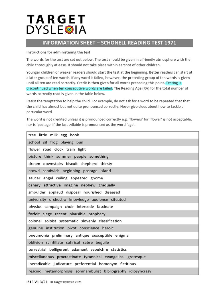 Schonell Reading Test Instructions | PDF