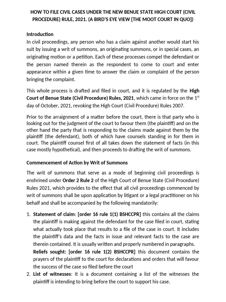 Filing Civil Cases in Benue High Court | PDF | Lawsuit | Summons