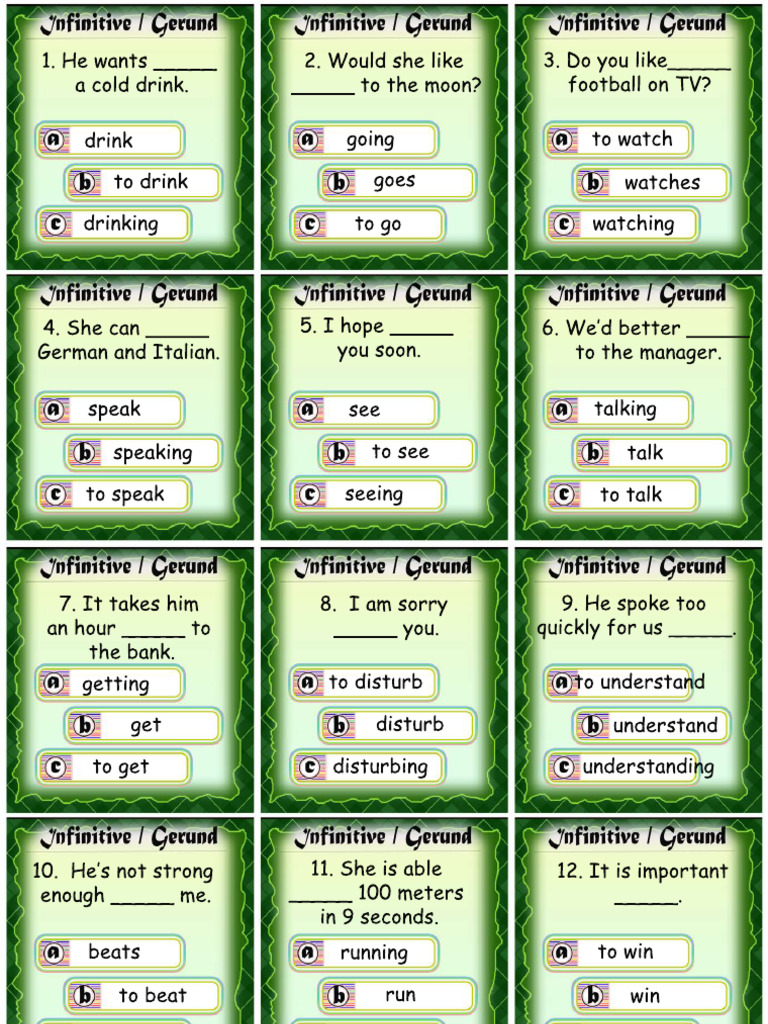 Gerund Infinitive Cards | PDF
