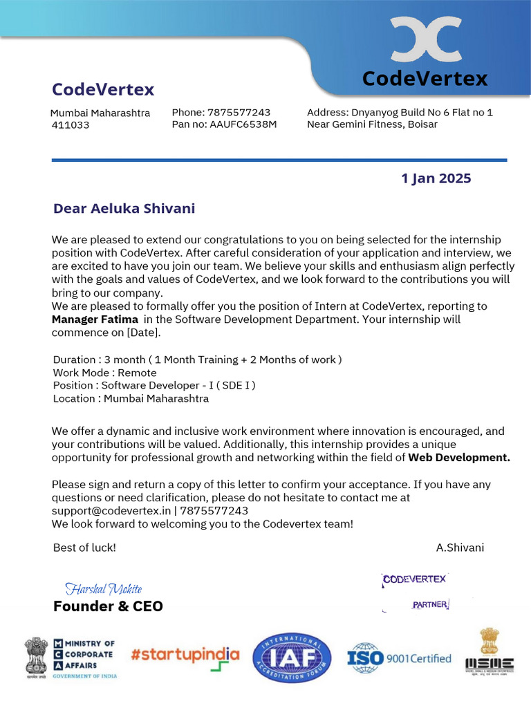CodeVertex Internship Offer Letter | PDF