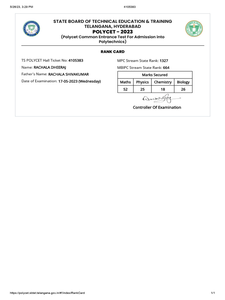 TS POLYCET 2023 Rank Card | PDF