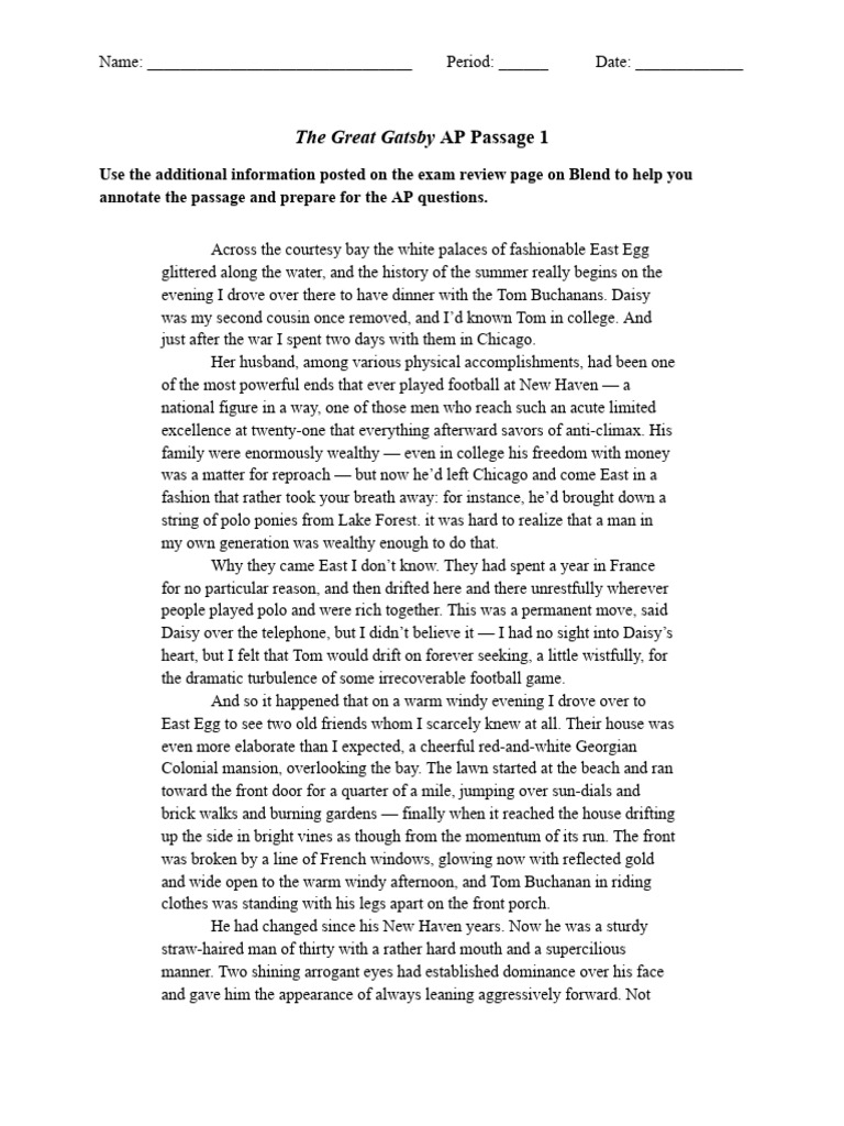 English I Honors Spring 2024 Final Exam AP Passage | PDF | Curtain