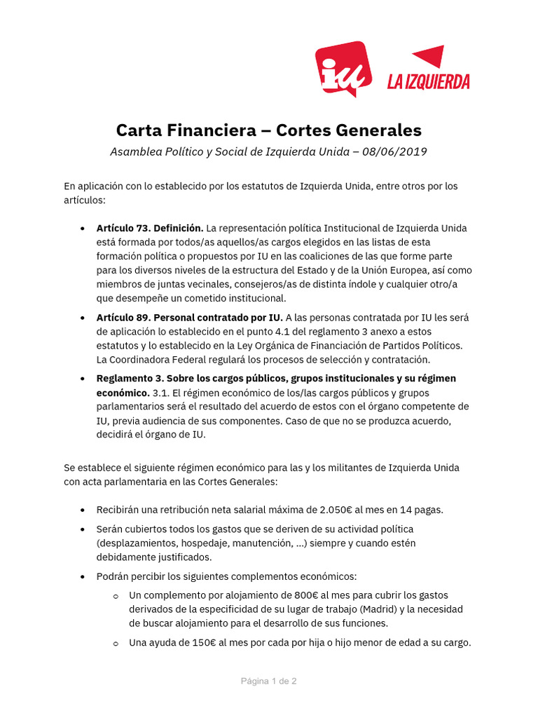Carta Financiera de Izquierda Unida | PDF | Cortes Generales | Gobierno
