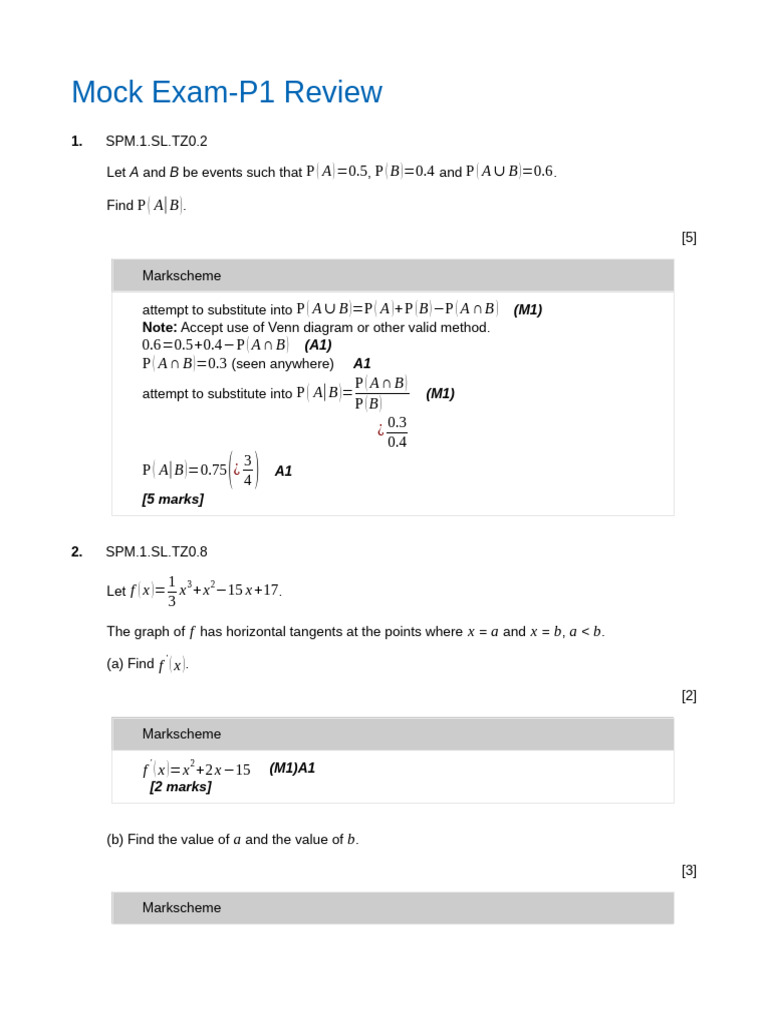 Mock Exam-P1 Review 2025 | PDF | Tangent | Gradient