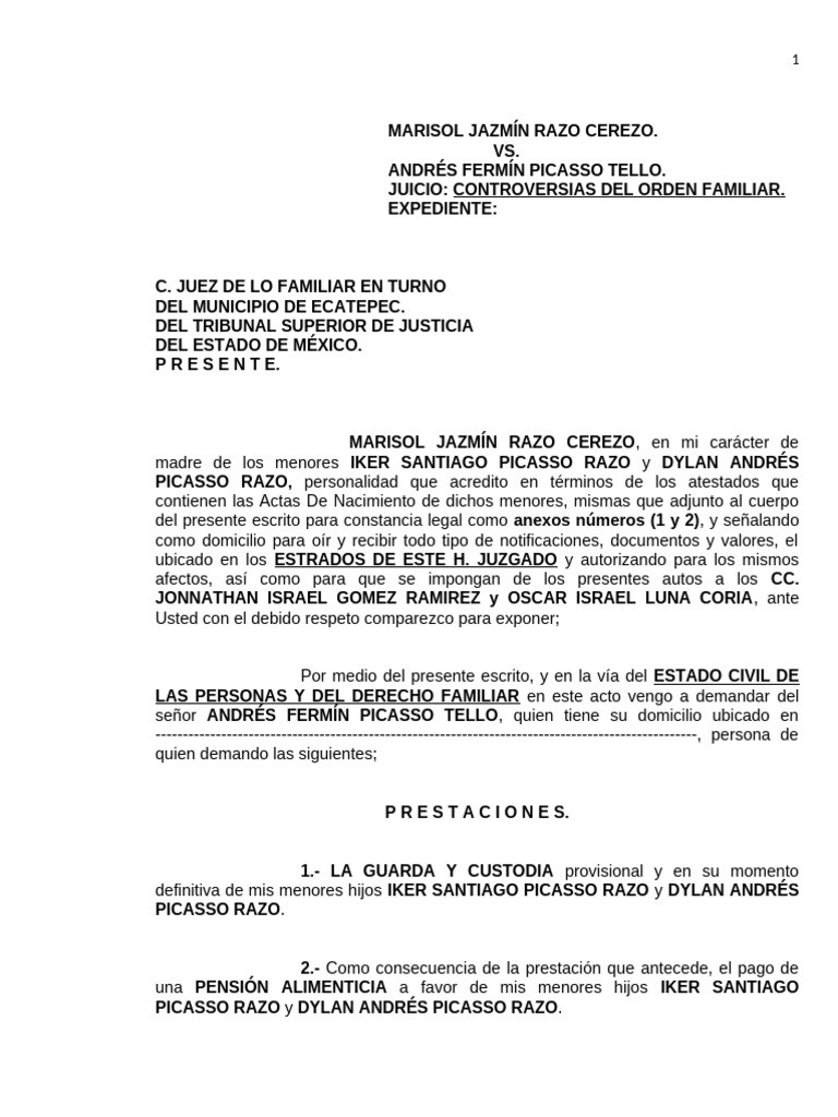demanda custodia edo de mex MARISOL JAZMÍN RAZO CEREZO | PDF | Pensión ...