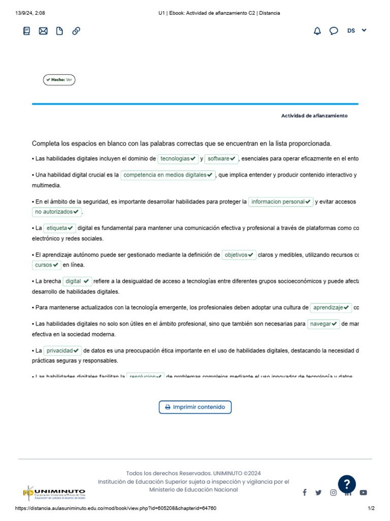 U1 - Ebook - Actividad de Afianzamiento C2 - Distancia | PDF