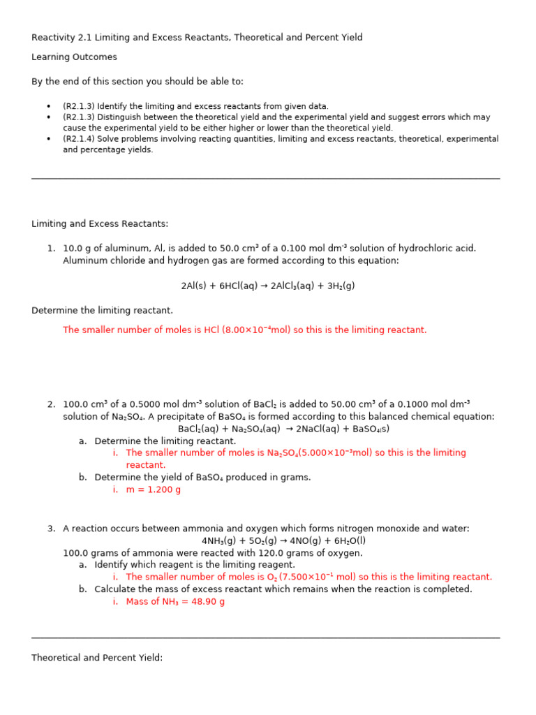 Reactivity 2.1 Limiting and Excess Reactants, Theoretical and Percent ...