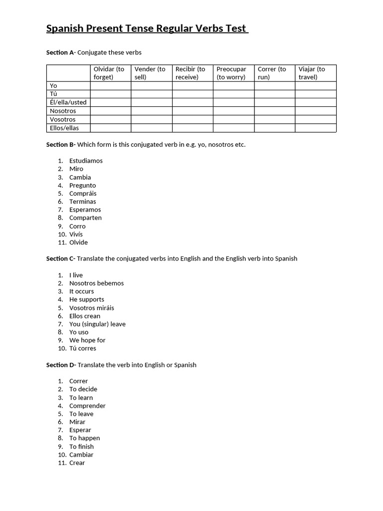 Spanish Present Tense Regular Verbs Test | PDF