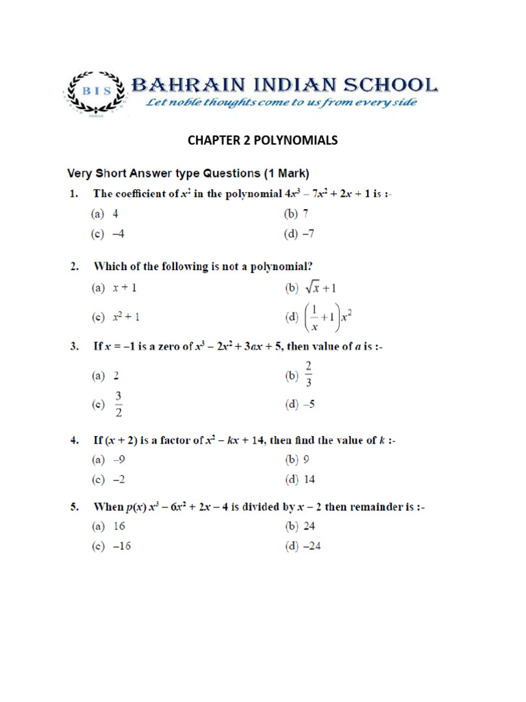Chapter 2 Polynomials Question Bank | PDF