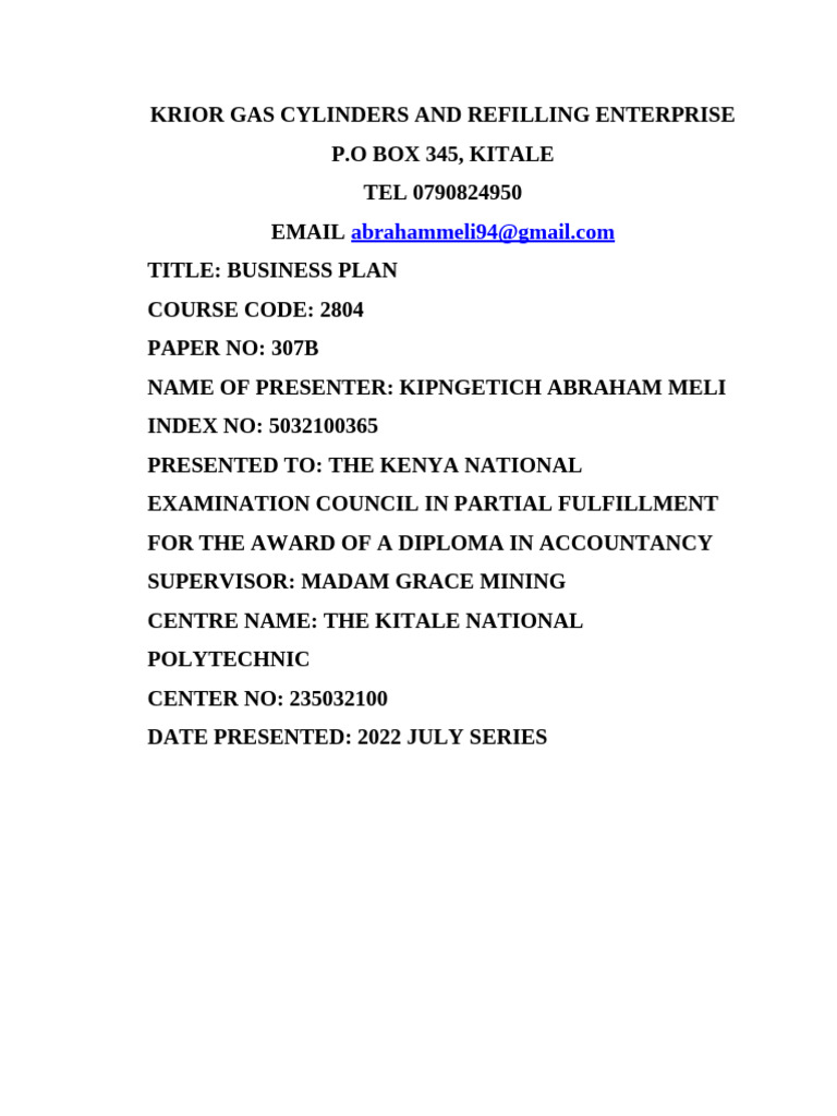 Krior Gas Cylinders Business Plan | PDF | Sole Proprietorship | Sales