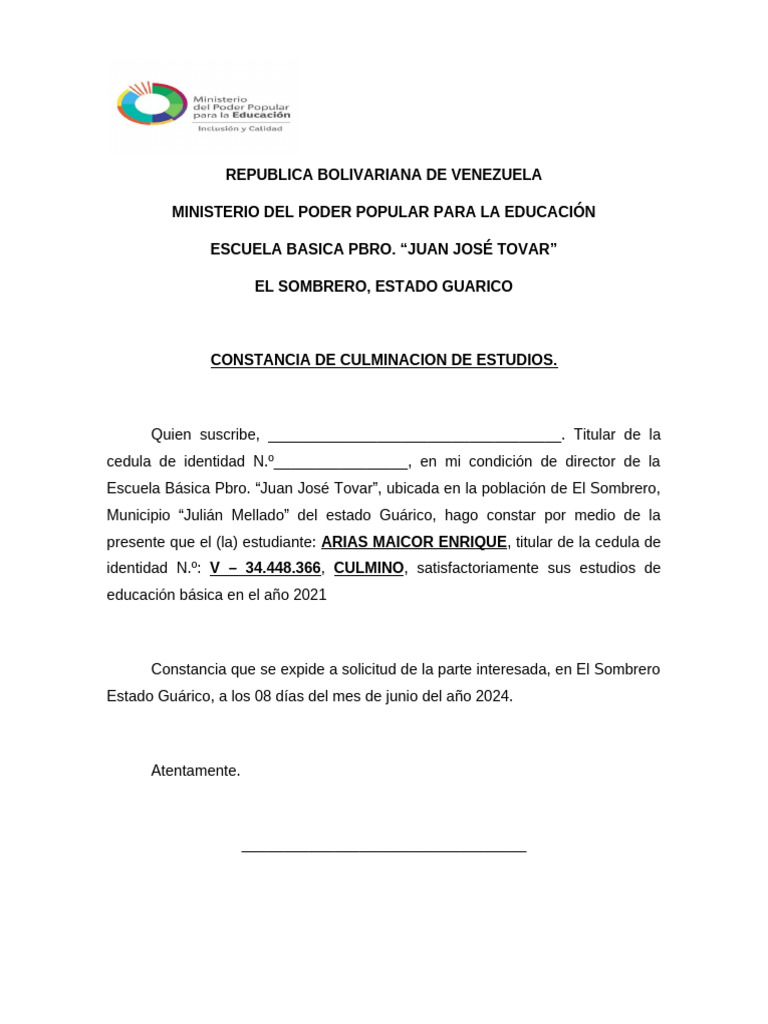 Constancia de Culminacion de Estudios | PDF
