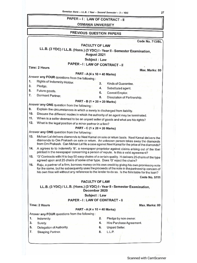 LLB Second Semester Previous Question Papers | PDF