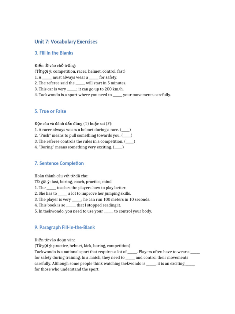 Unit 7 Vocabulary Exercises | PDF