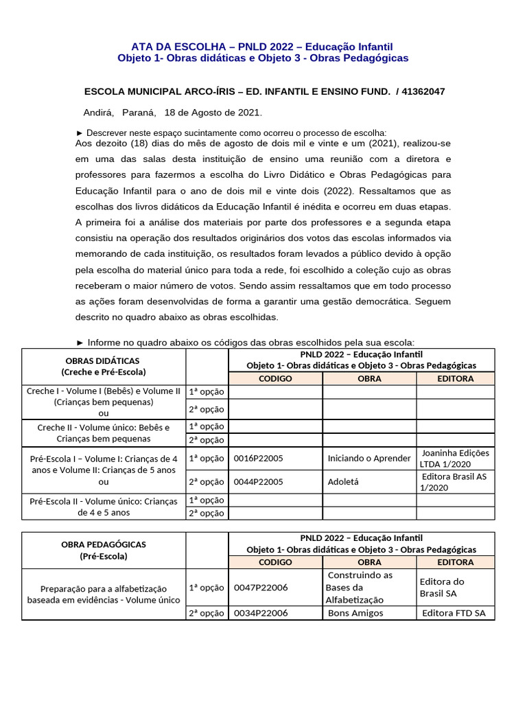 Ata Pnld2021 Escola - Modelo | PDF | Pré-escola | Pedagogia