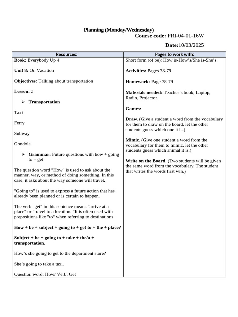 Unit 8: Transportation Lesson Plan | PDF