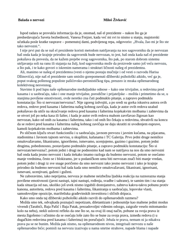 Miloš Živković - Balada o Nervozi | PDF