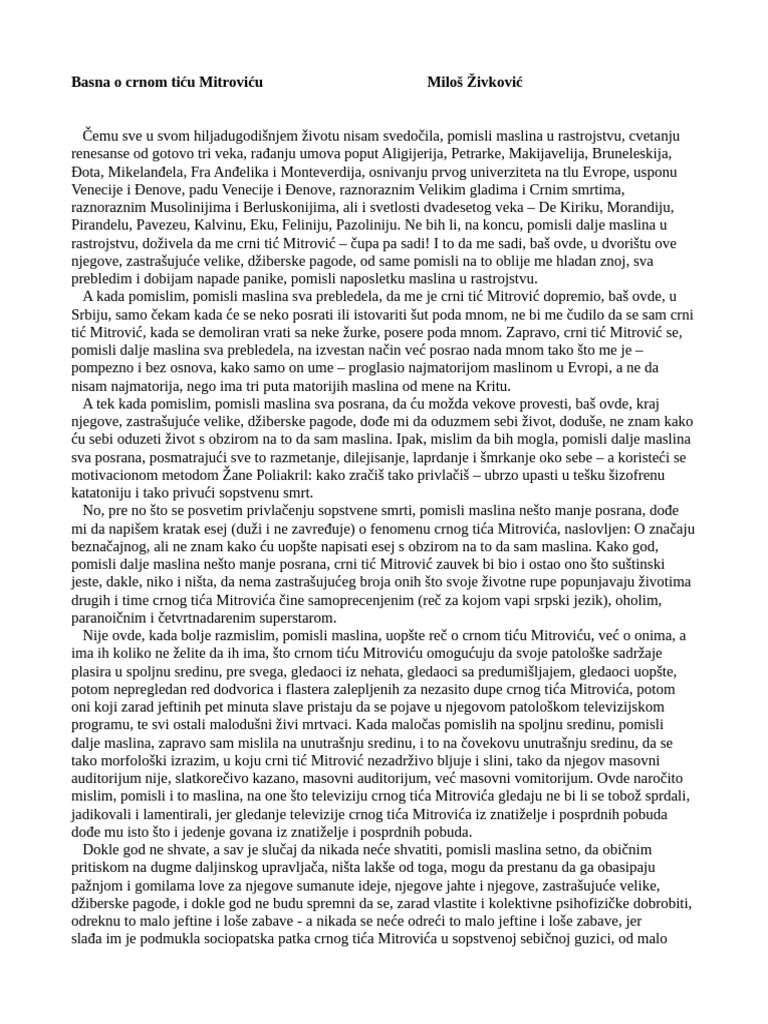 Miloš Živković - Basna o crnom tiću Mitroviću | PDF