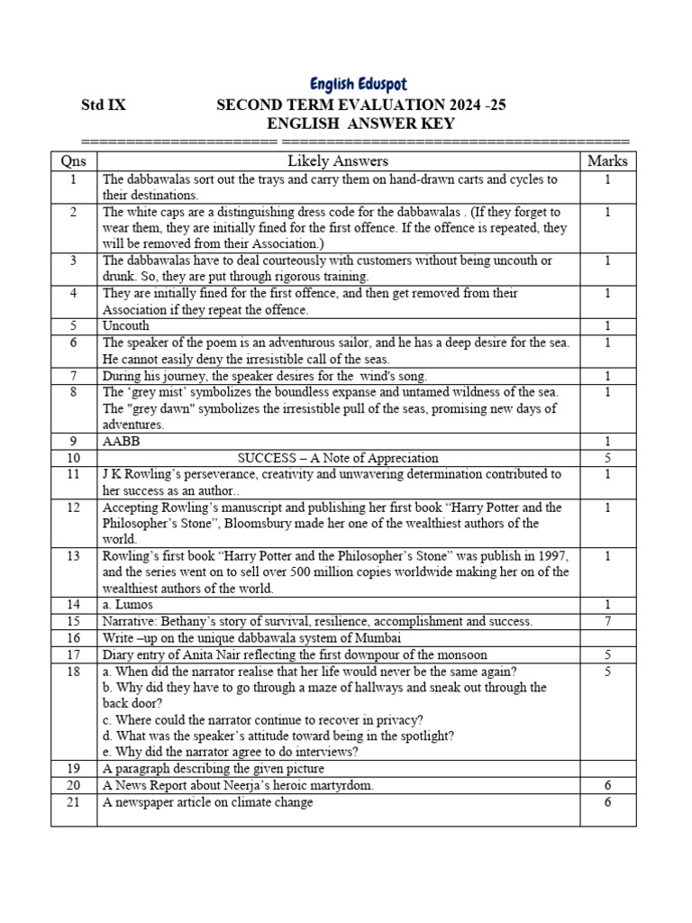 STD 9-Answer Key-Second Term-24-25 | PDF