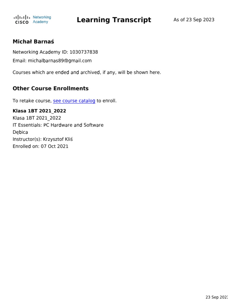 NetAcad Learning Transcript | PDF