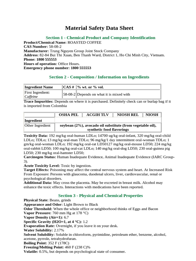 MSDS Roasted Coffee | PDF | Resource Conservation And Recovery Act ...