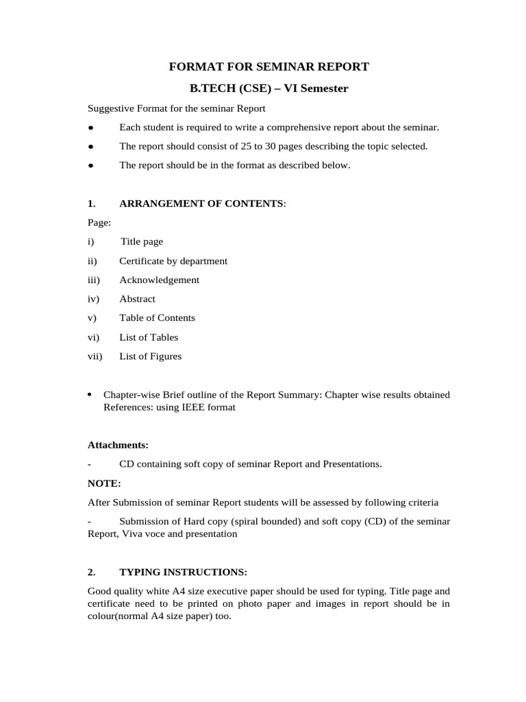 Seminar Report Format for B.Tech Students | PDF | Writing | Written ...