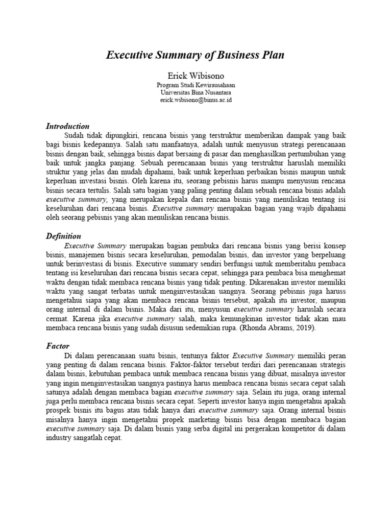 Erick Wibisono_2501994336_Esai Business Plan_Executive Summary of Businesss Plan | PDF