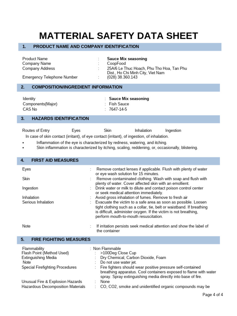 MSDS for Sauce Mix Seasoning | PDF | Carbon Dioxide
