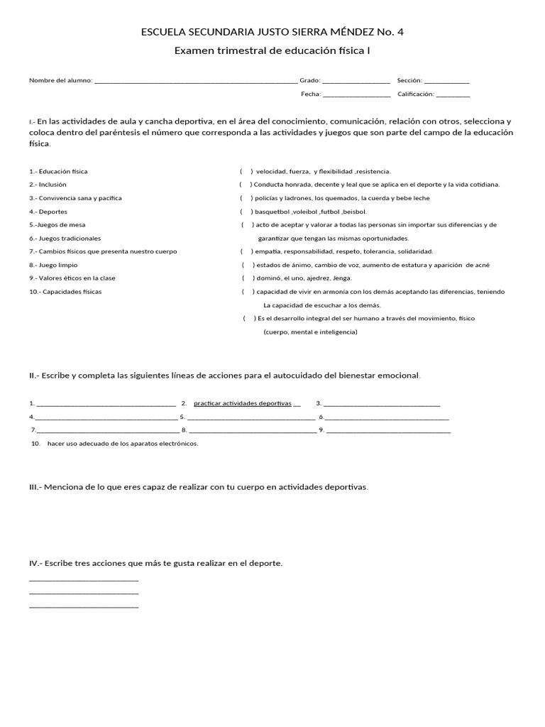 EXAMEN TRIMESTRAL EDUCACION FISICA 1RO 2DO 3RO | PDF | Deportes ...