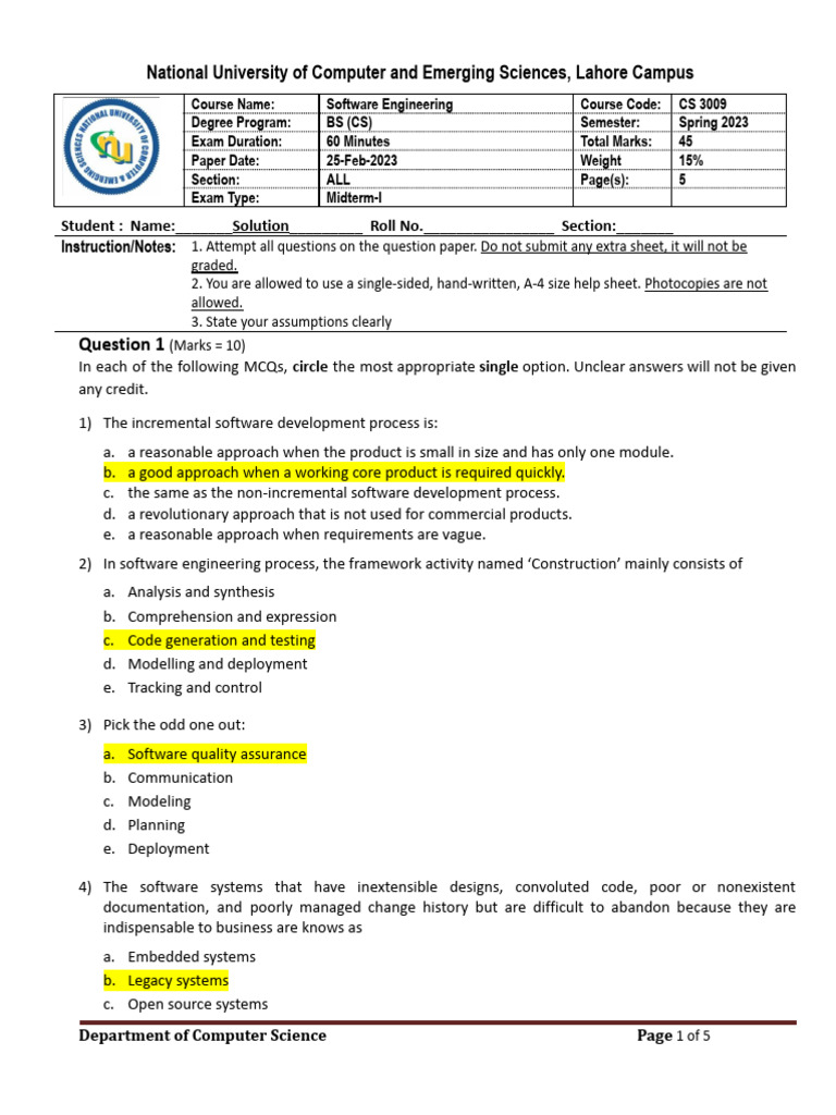 2023 Midterm 1 Solution Spring Se Pdf Software Development