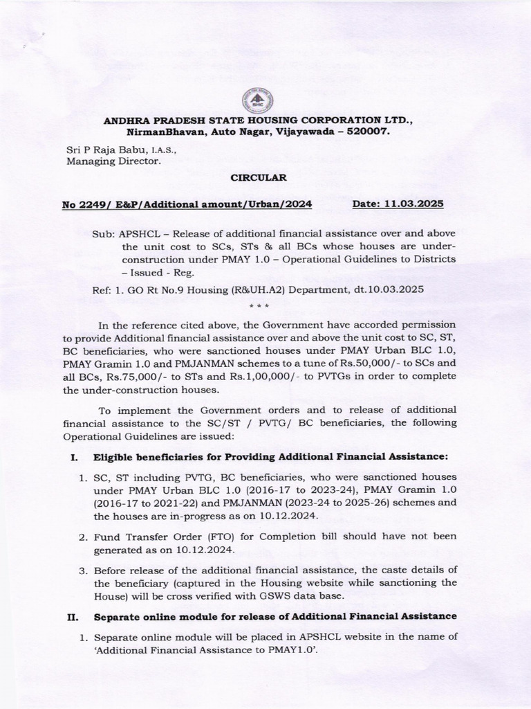 Circular On Additional Financial Assistance To SC, ST, BC and PVTGs ...