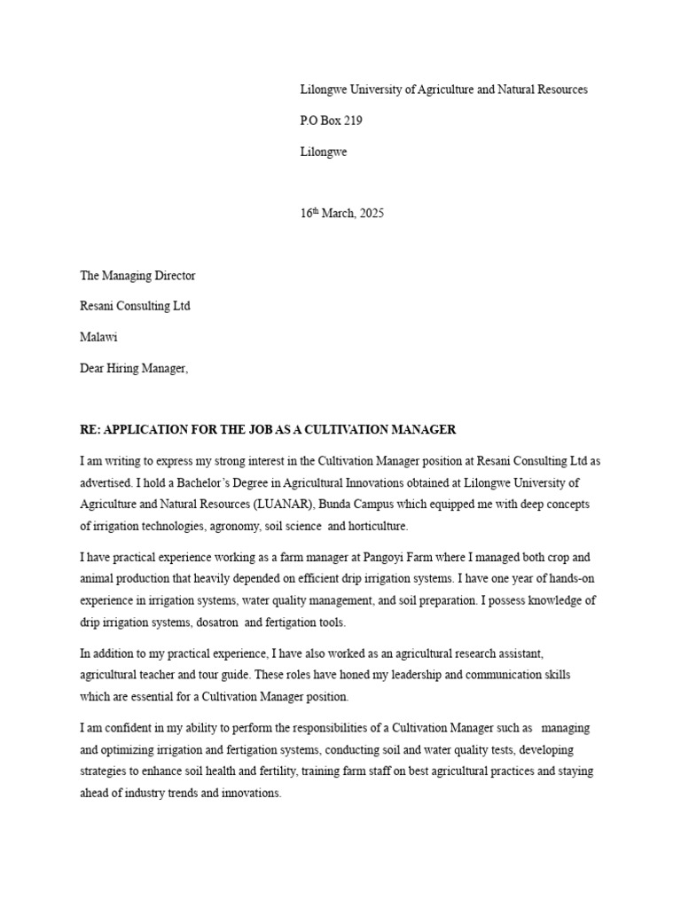 Cultivation Manager Application Letter | PDF | Agriculture