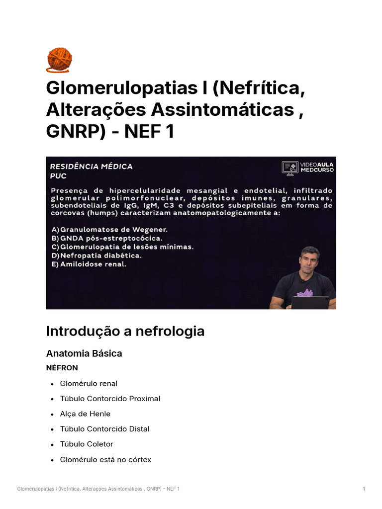 Glomerulopatias I (Nefrtica Alteraes Assintomticas GNRP) - NEF 1-1 | PDF | Rim | Especialidades ...
