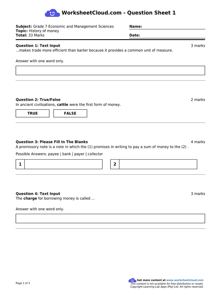 Grade 7 EMS Money History Worksheet | PDF | Money | Promissory Note