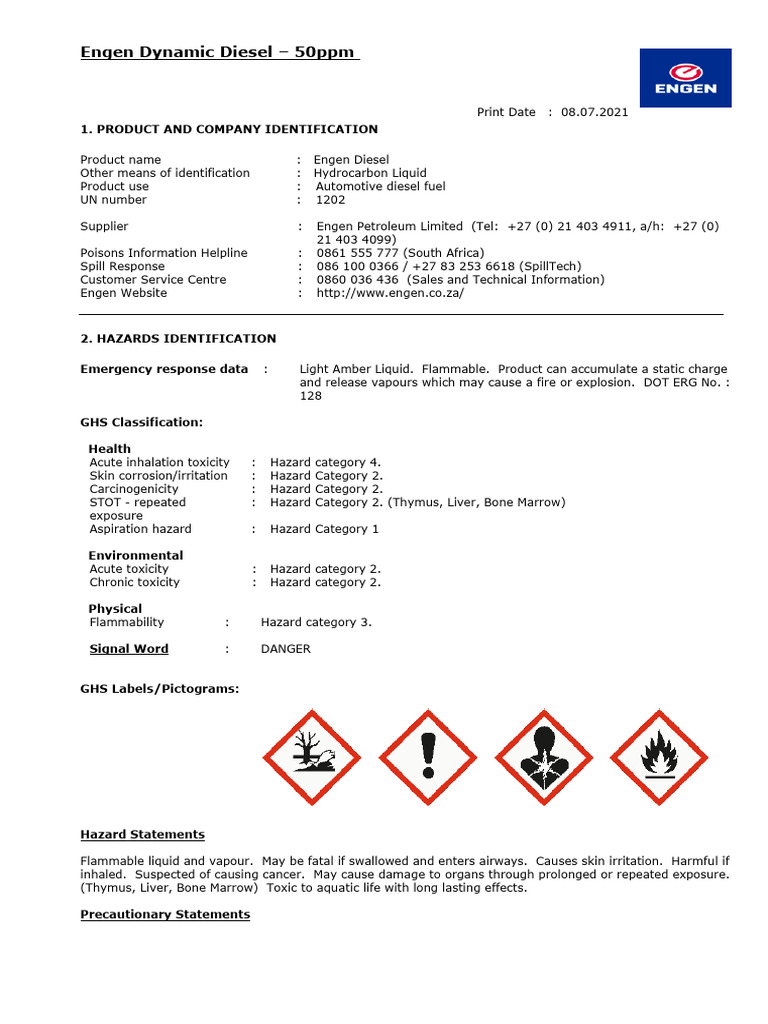 Engen_Dynamic_Diesel_-_50ppm_21 | PDF | Toxicity | Occupational Safety ...