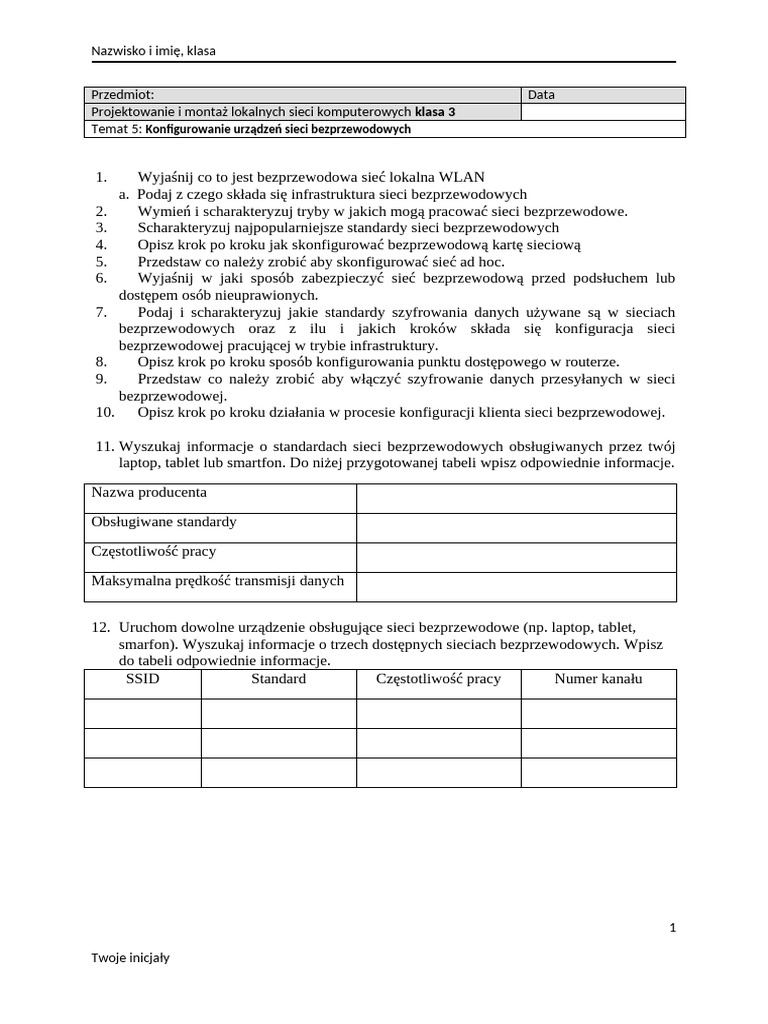 Nazwisko I Imię, Klasa Przedmiot: Data Projektowanie I Montaż Lokalnych Sieci Komputerowych ...