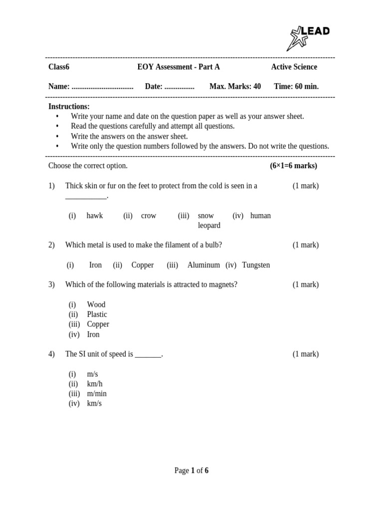 Class 6 Science EOY Assessment Paper | PDF | Atmosphere Of Earth | Magnet
