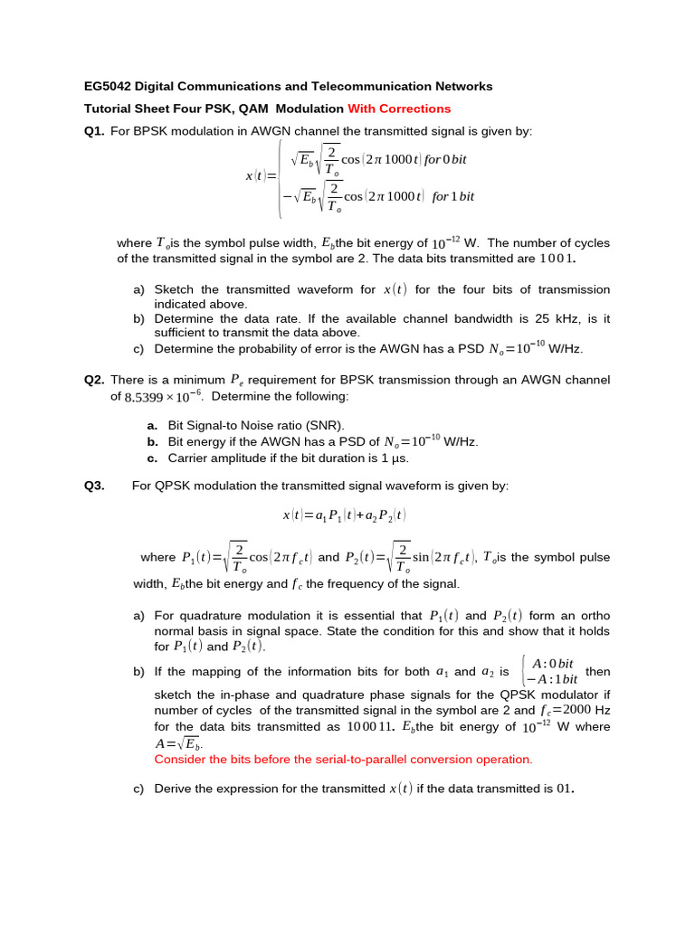 Tutorial Sheet Four 2023_24 Corrected | PDF | Modulation | Radio Technology
