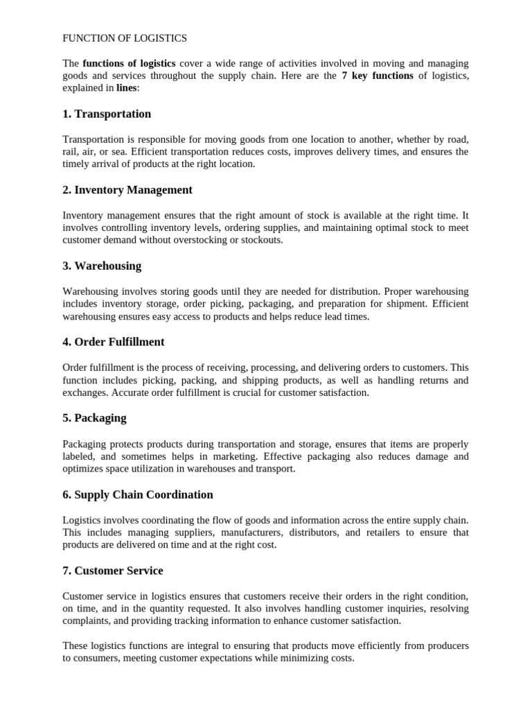 FUNCTION OF LOGISTICS | PDF | Warehouse | Logistics