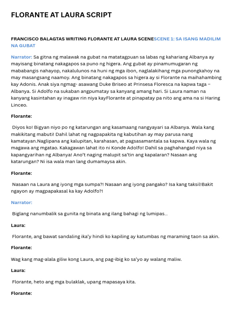 Florante at Laura Script | PDF