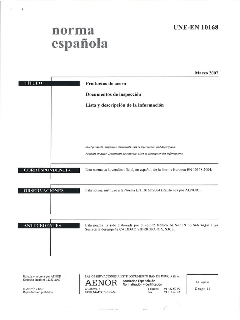 Norma EN 10168: Documentos de Inspección | PDF | Europa | Acero